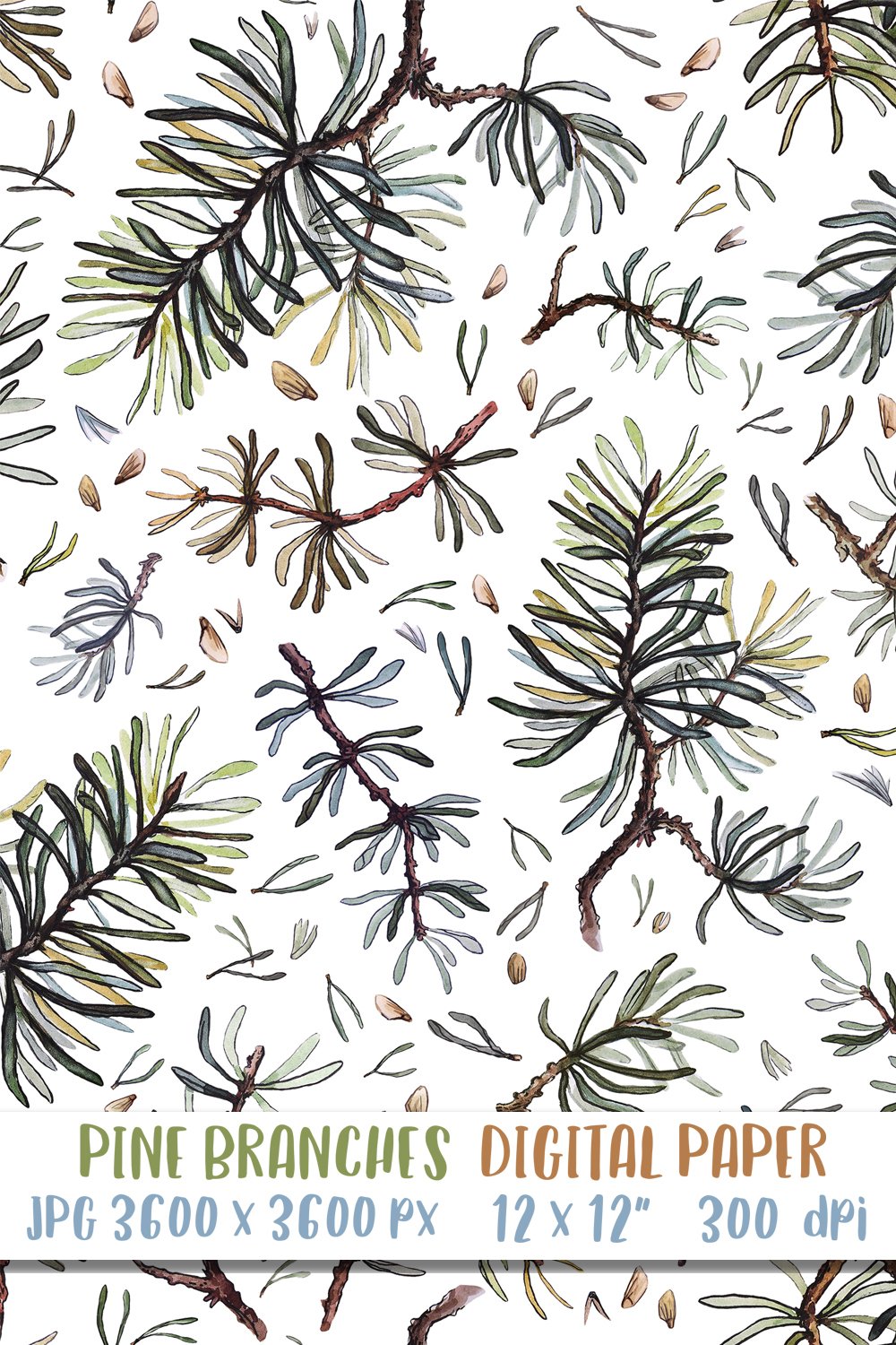 Digital paper Pine tree branch Seamless floral patterns