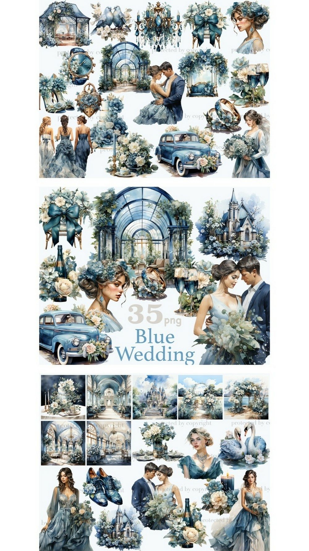 Blue Wedding Clipart Bundle | Marriage Illustration