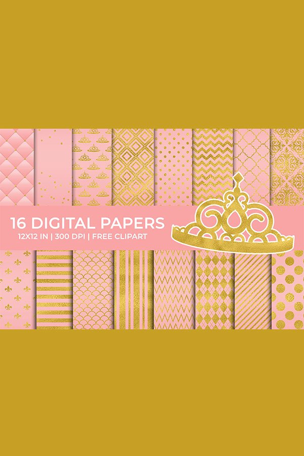Pink & Gold Foil Digital Papers Set, Princess Tiara Clipart