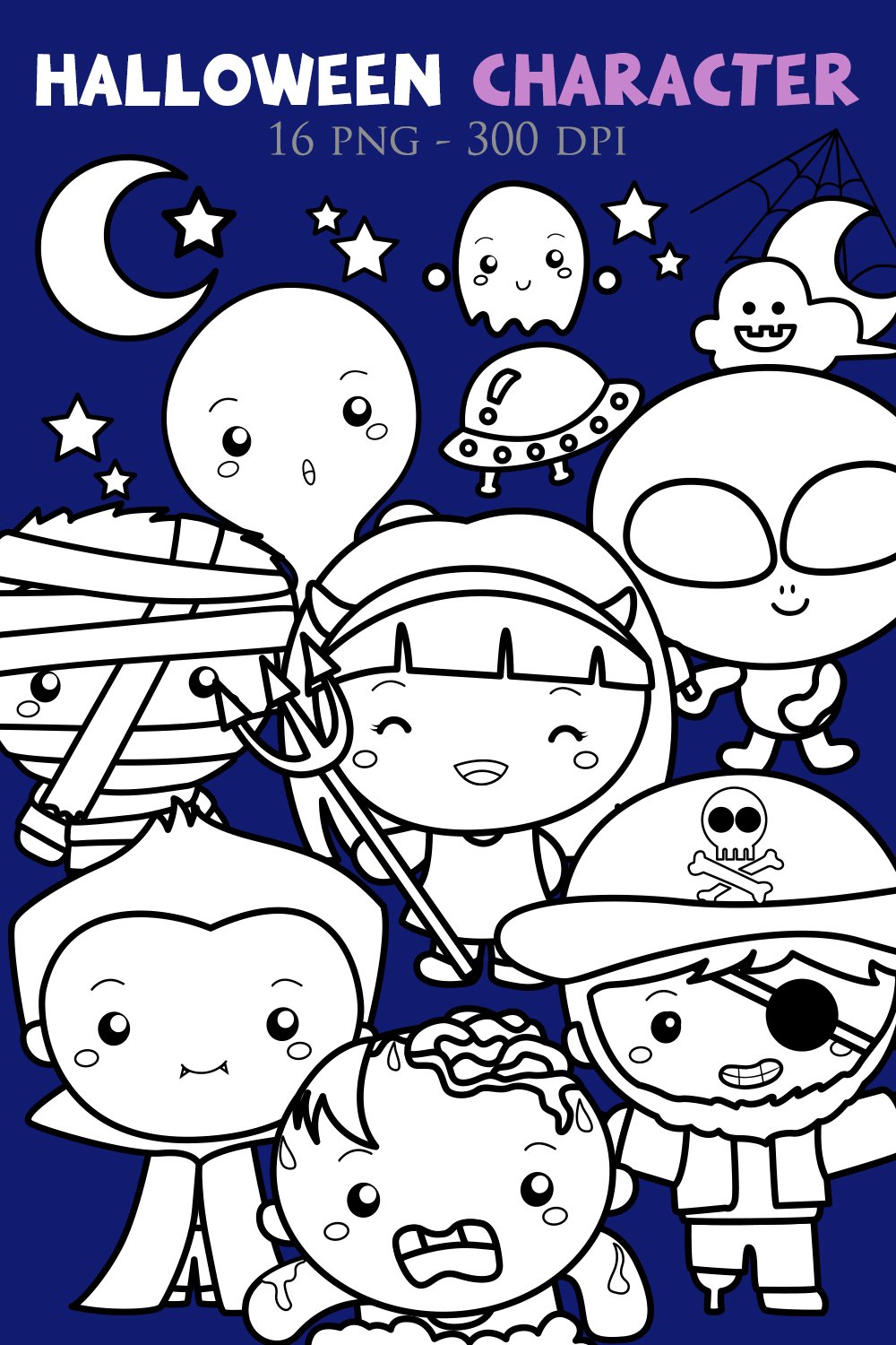 Halloween Character Kids Party Cartoon Digital Stamp Outline