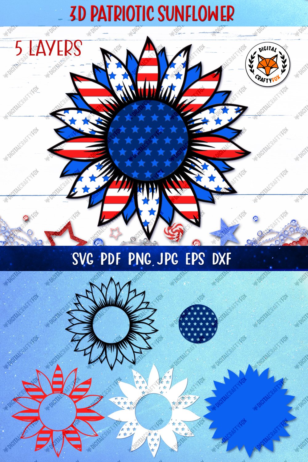 3D Patriotic Sunflower Mandala, USA Flag Sunflower SVG