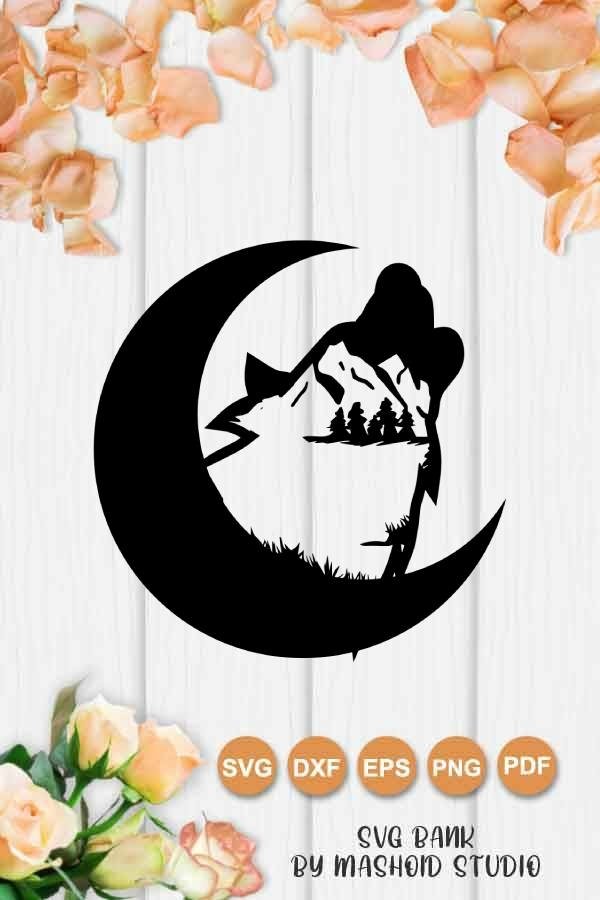 Howling wolf on a crescent moon SVG