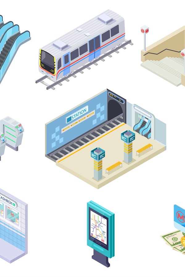 Isometric metro elements. Subway train, station platform and
