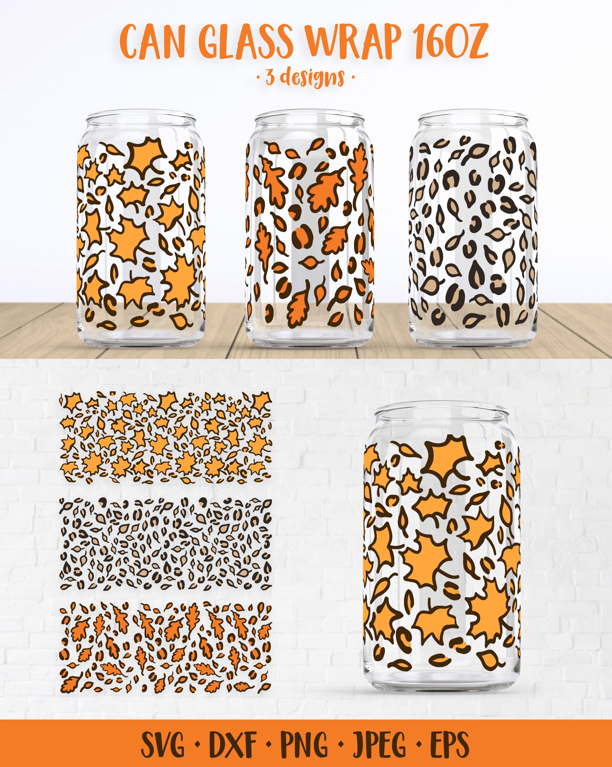 Autumn Leaves Can Glass Wrap SVG. Fall Leopard Glass Can