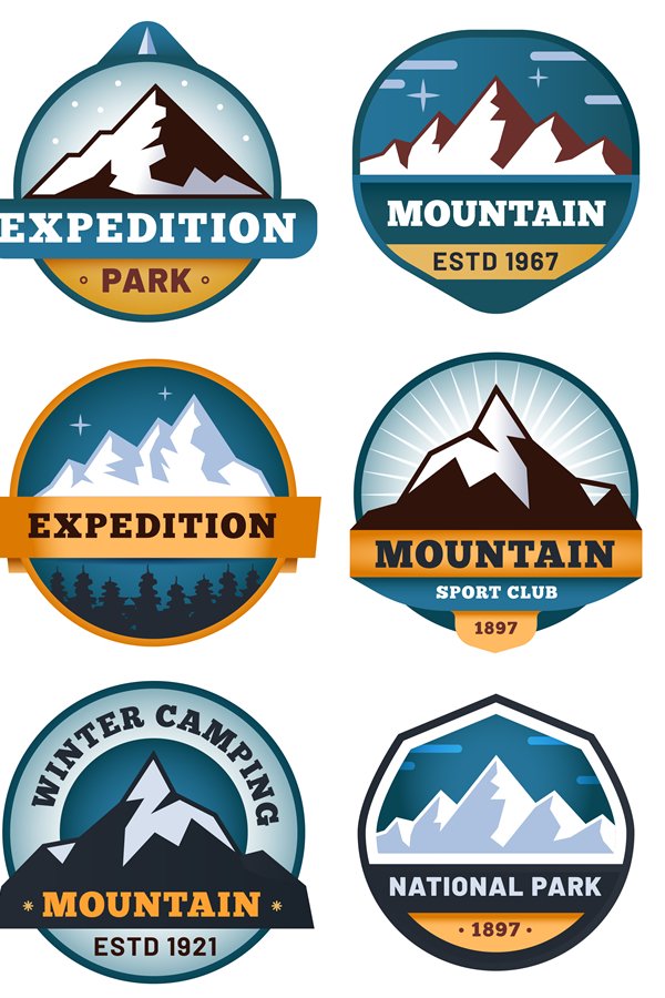 Mountain labels. Hiking emblems, mountains emblem badges and