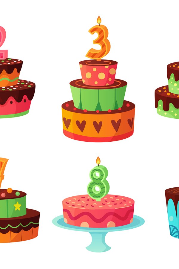 Cartoon birthday cake numbers candle. Anniversary candles, c