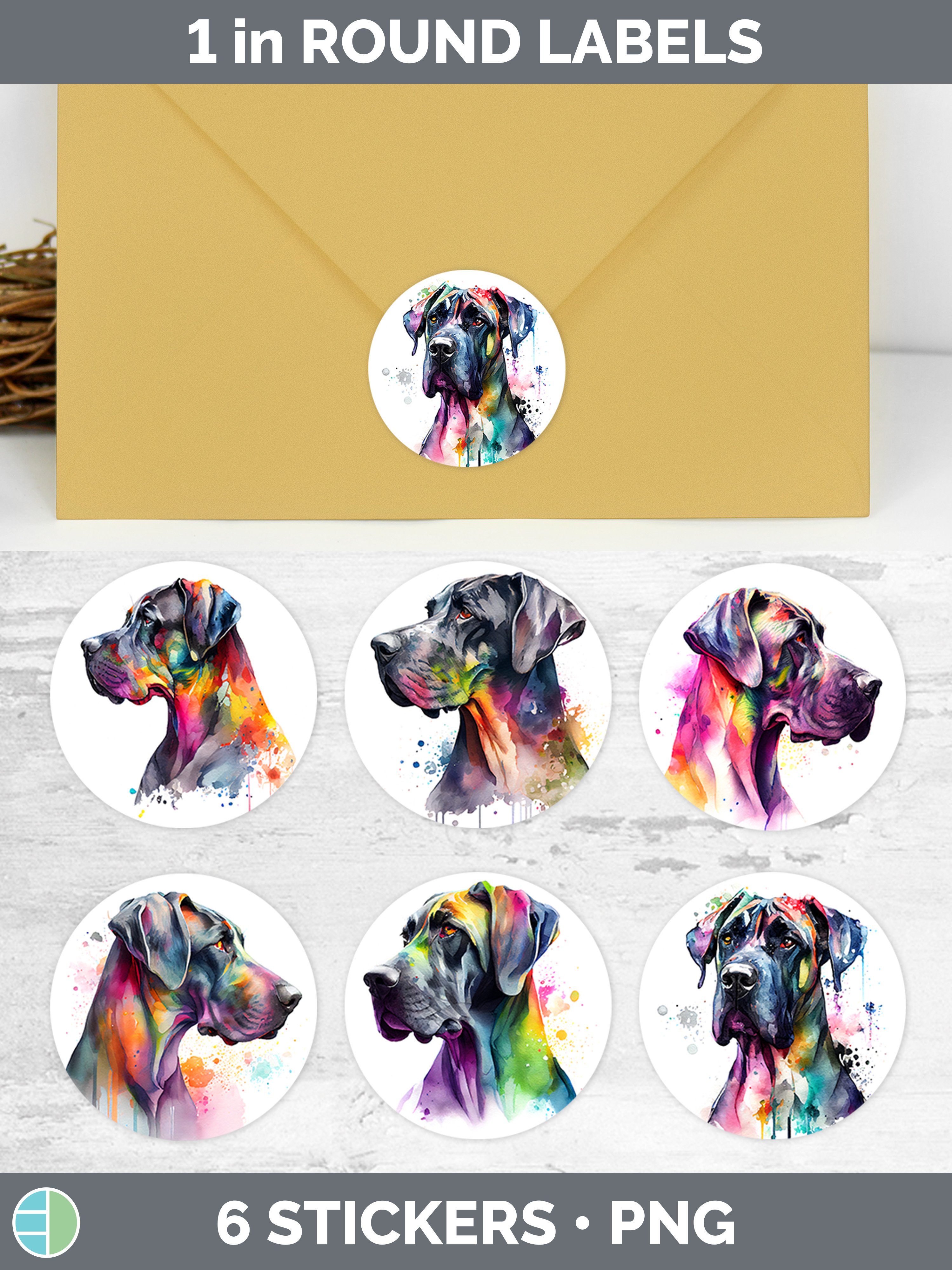 Rainbow Great Dane Stickers | Sublimation Round LabelsDesign