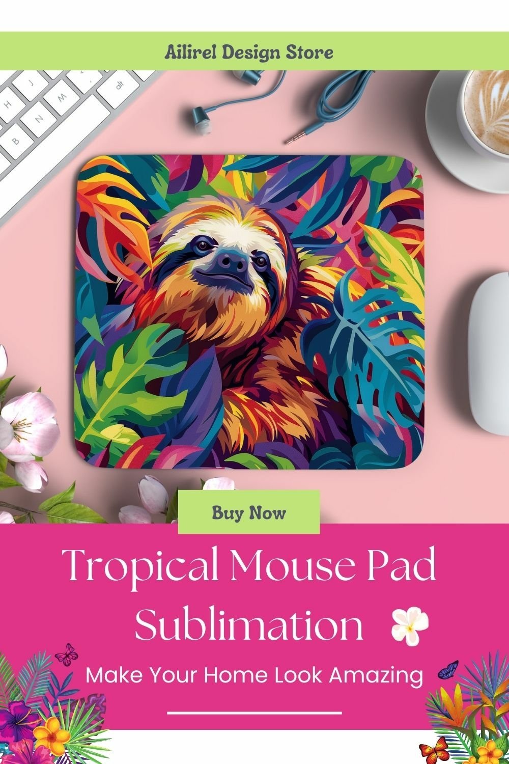 Cute Sloth Mouse Pad Wrap, Tropical Leaves (3587423)