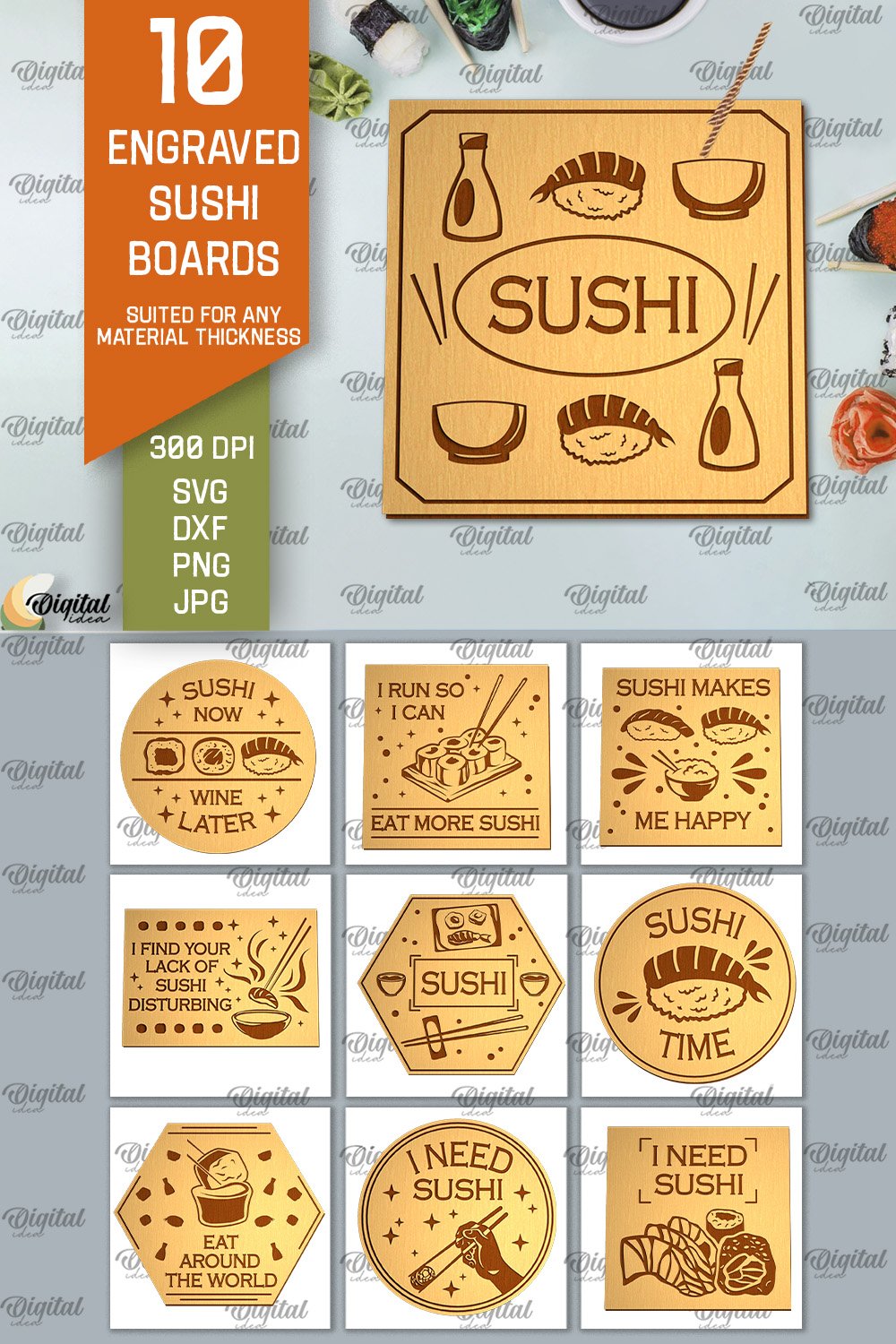 Engraved Sushi Boards Laser Cut Bundle. Serving Boards SVG