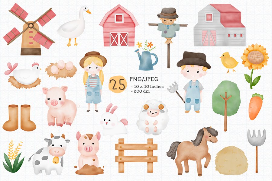 Cute Farm and Animal in Farm Watercolor Clipart.