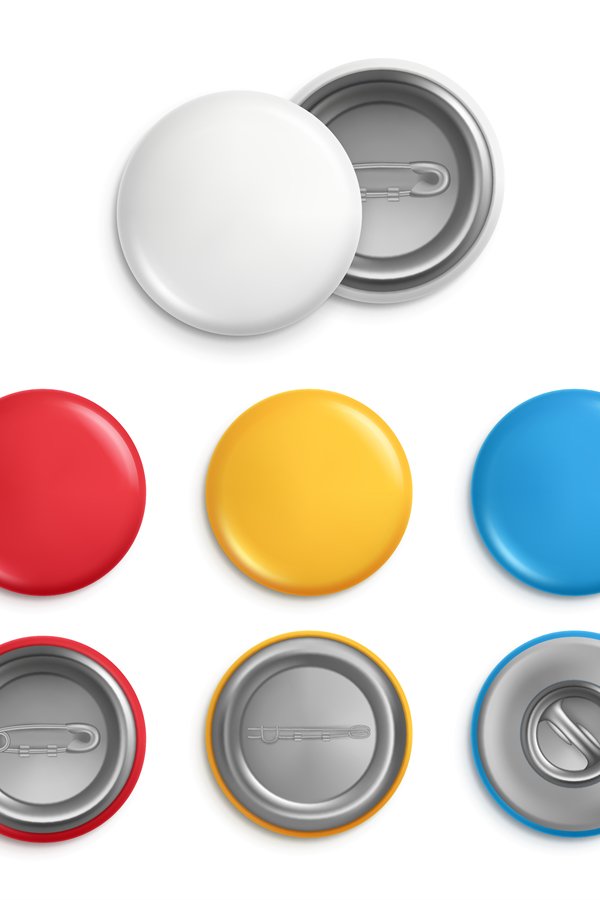 Metallic round badges. Realistic illustrations of blank badg