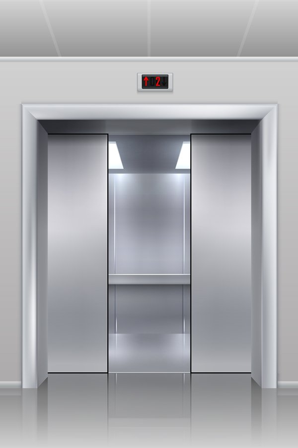 Realistic elevators. Closed open and half closed metallic ca