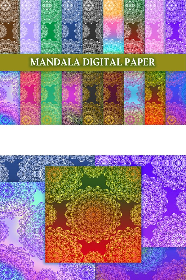 Rainbow mandala digital paper bundle