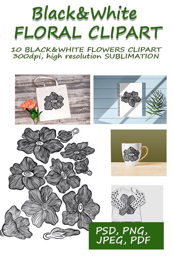Black&White Flowers Illustration Clipàrt Sublimation