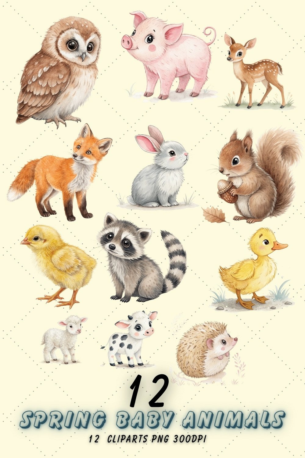 Spring Baby Animals Watercolor Clipart, Pastel Baby Animals