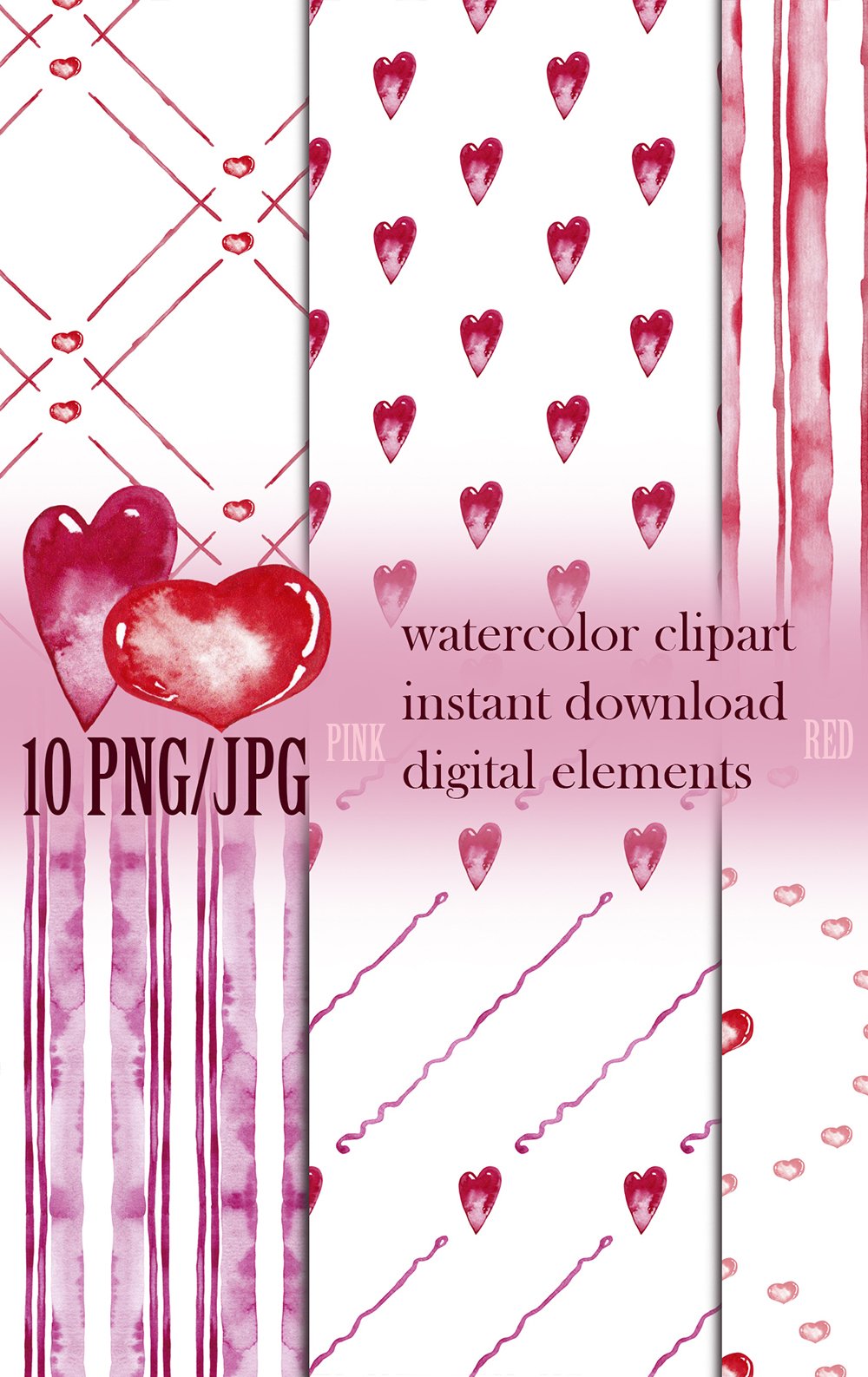 Watercolor heart digital paper Valentine seamless patterns