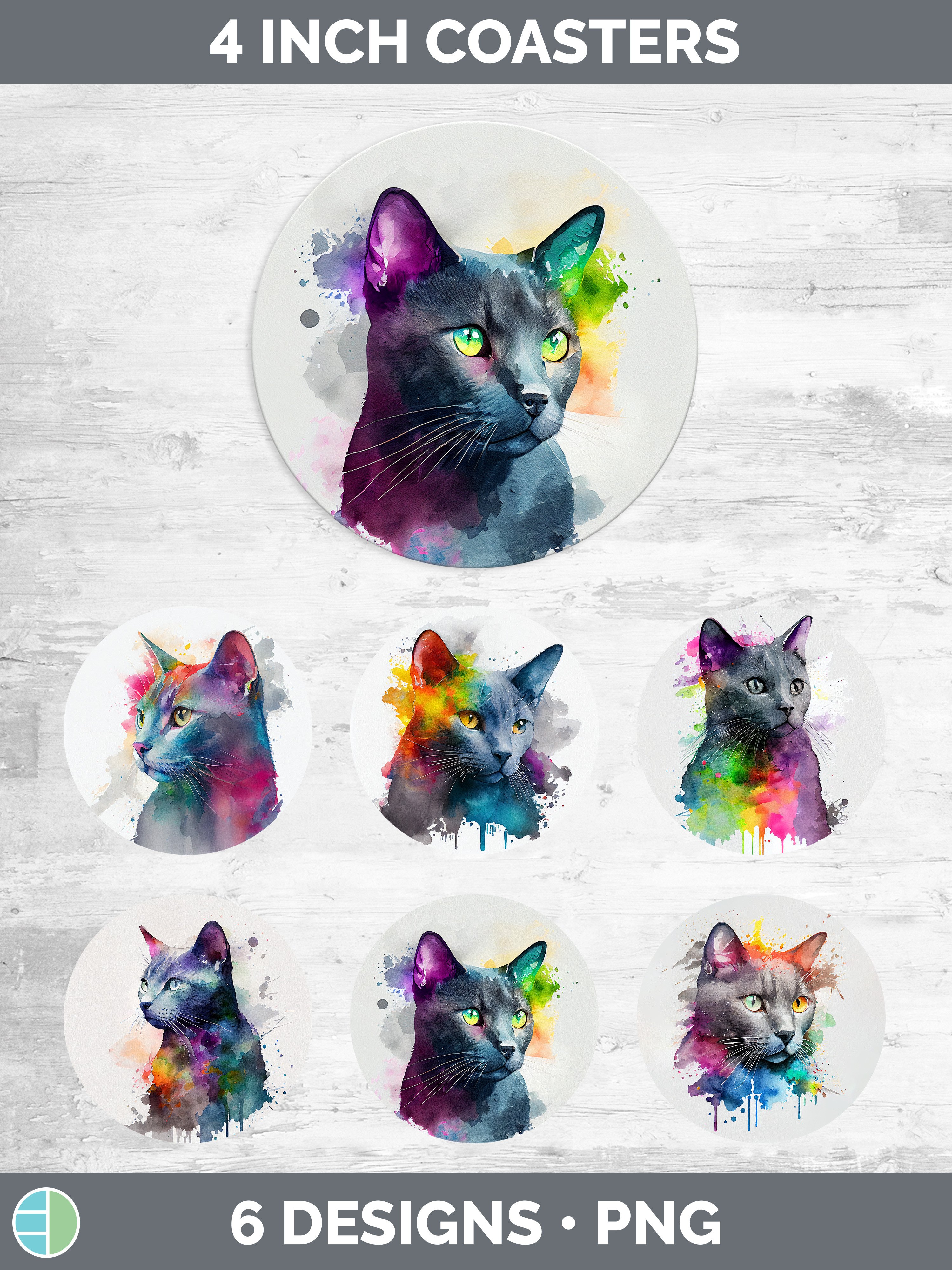 Rainbow Russian Blue Cat Round Coaster | Sublimation Coaster