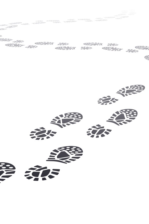 Walking far footprints. Outgoing footsteps perspective trail