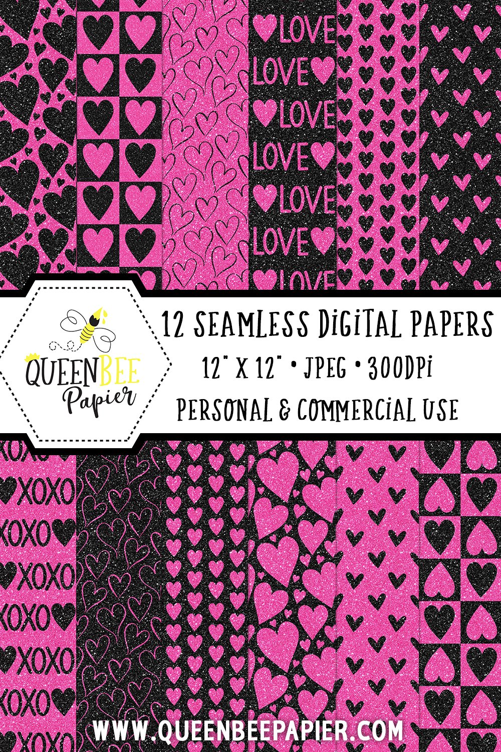 Black & White Glitter Heart Digital Paper Pack