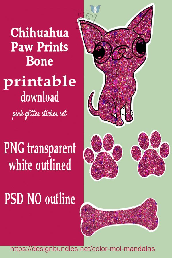 Chihuahua Pink Glitter Printable Sticker SET