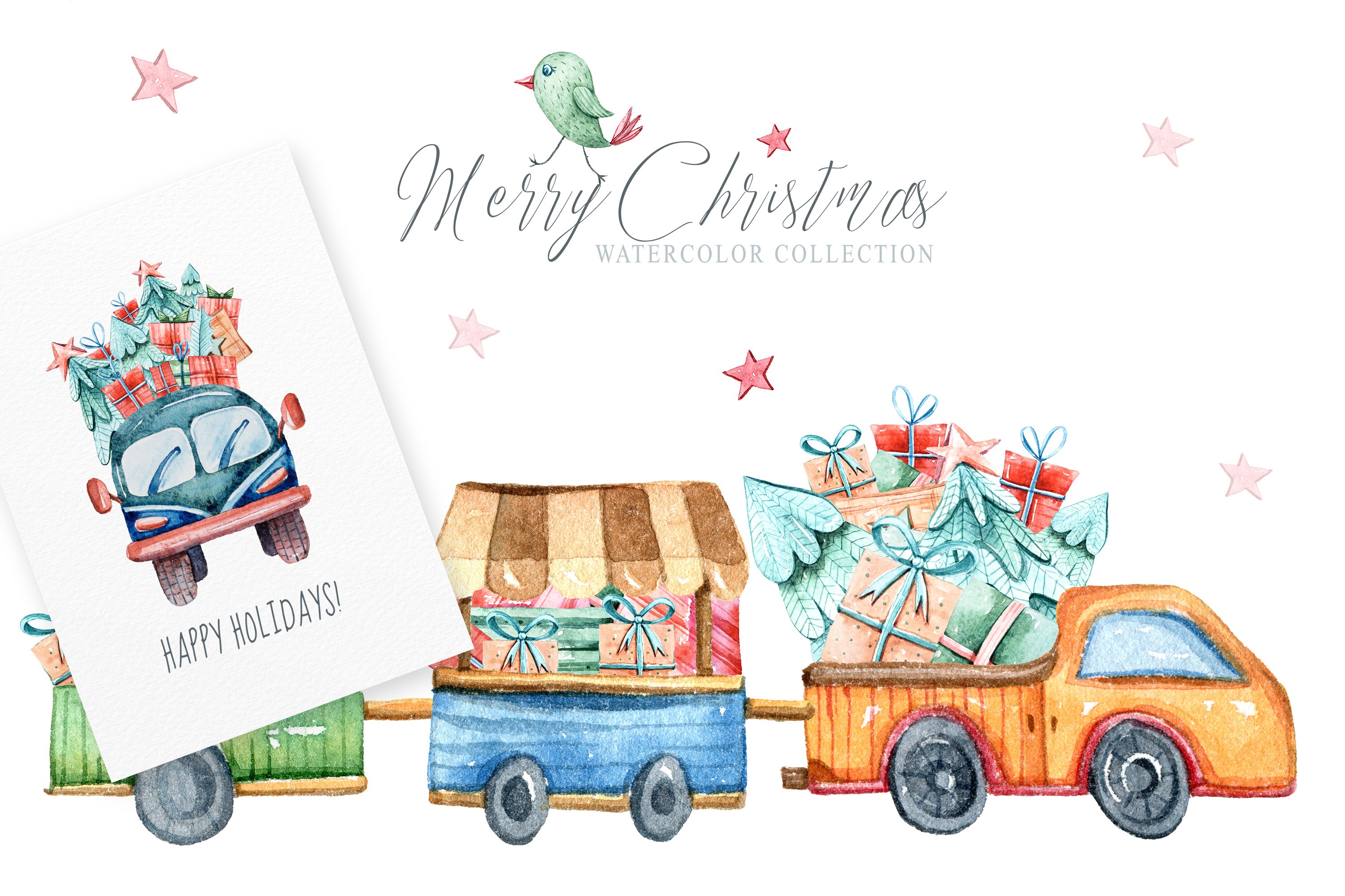 Watercolor Christmas clipart. Christmas cars and (703772)