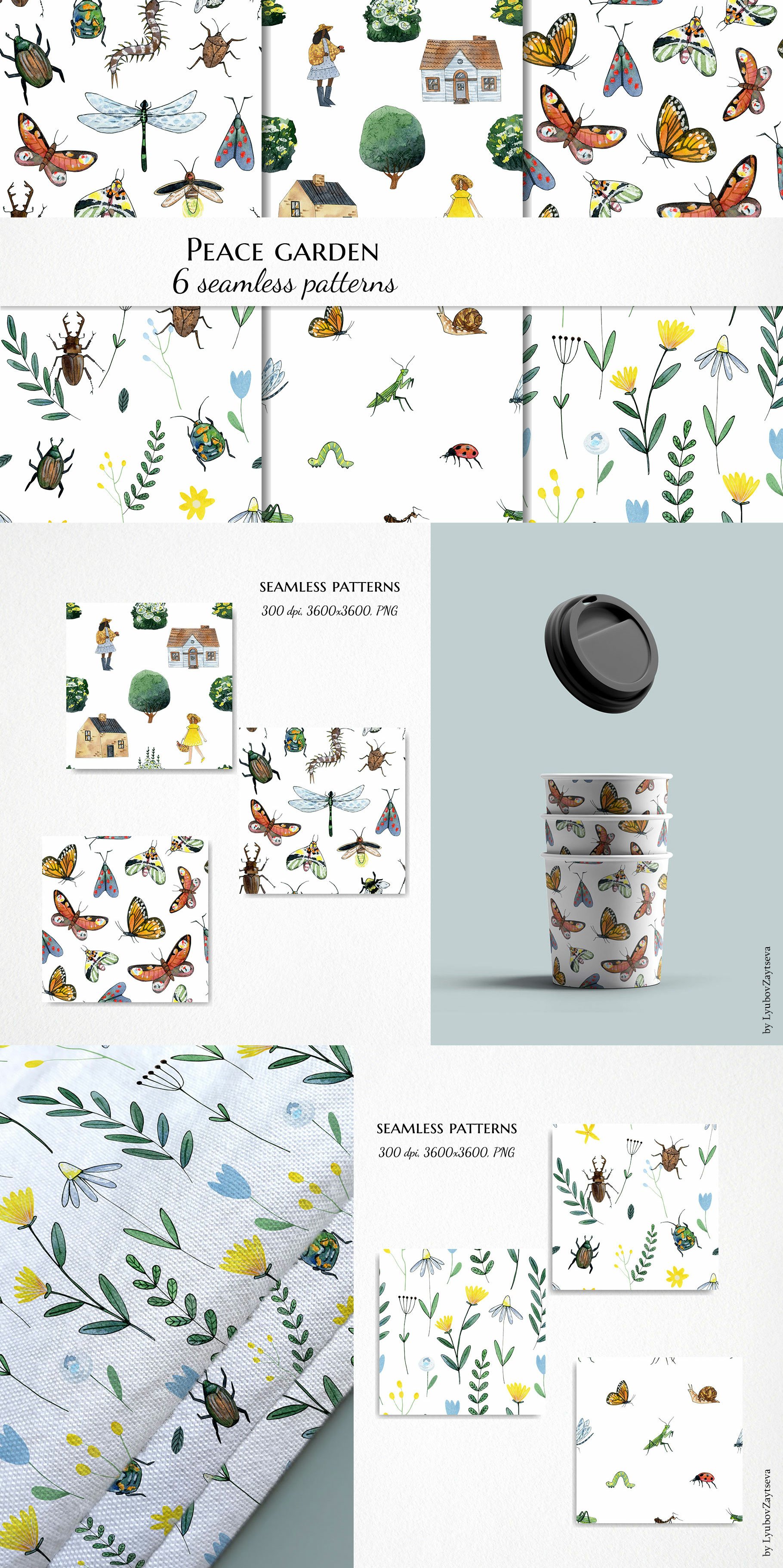 garden insect seamless pattern, floral digital paper png jpg