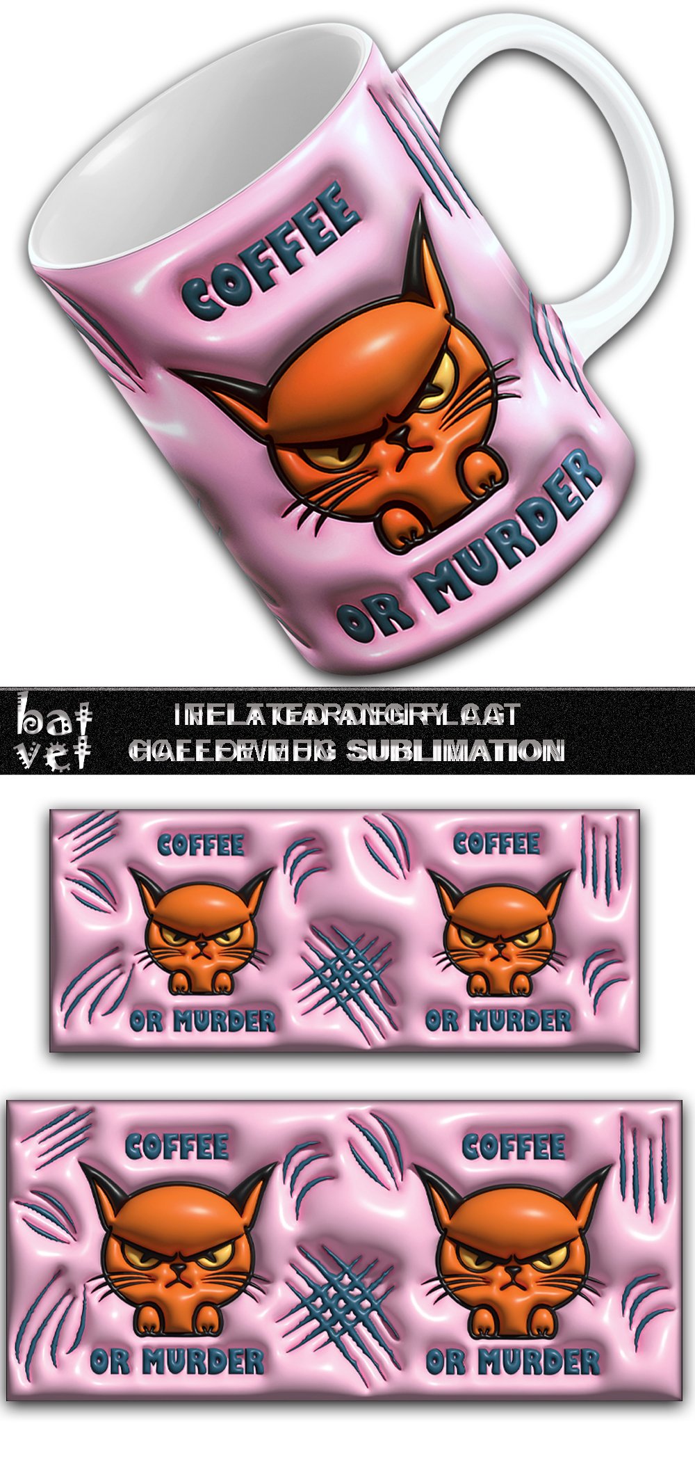 3D Angry Cat Coffee Mug Design | Inflated Coffee Cup PNG