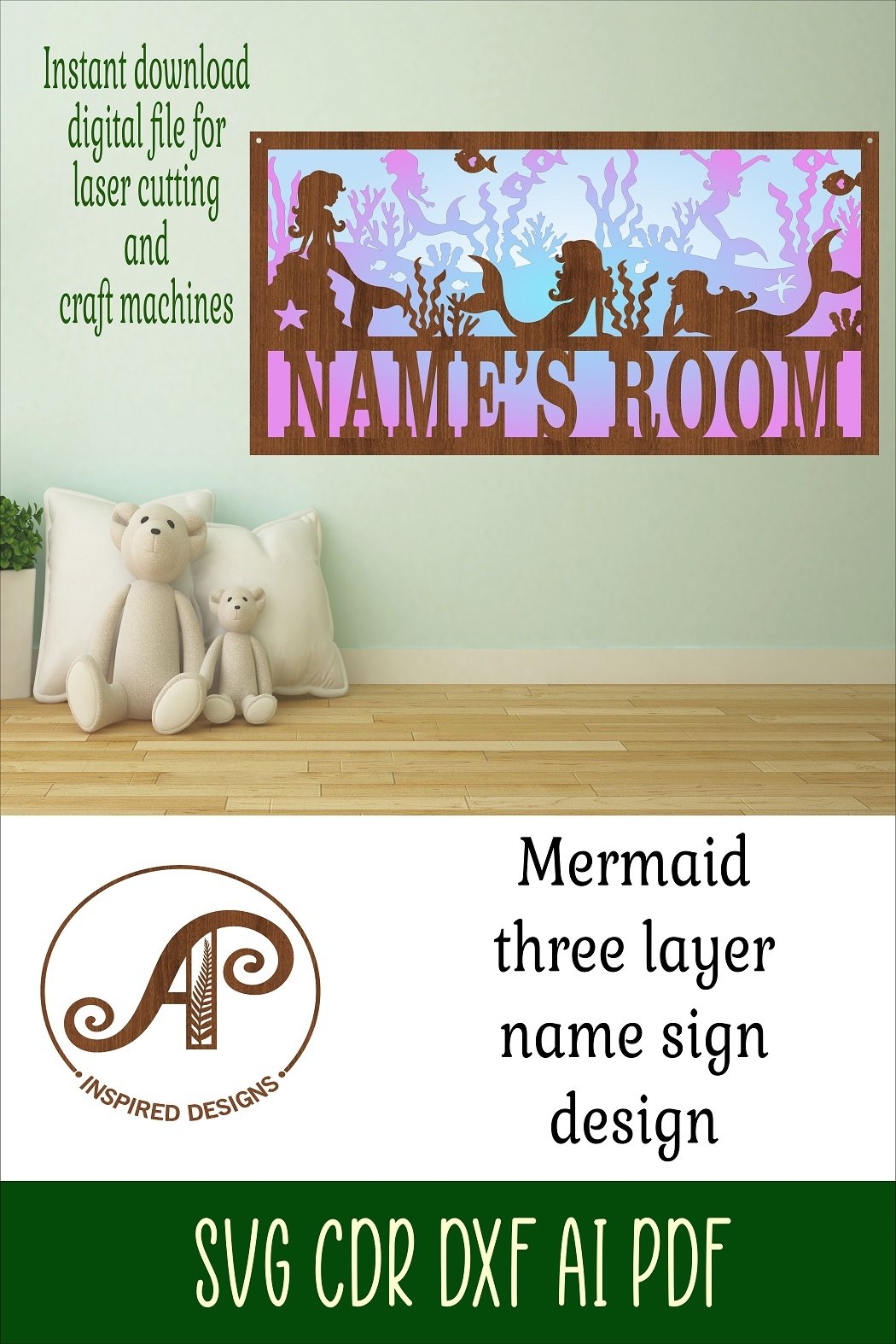 Mermaid scene name sign SVG 3 layer laser cut template