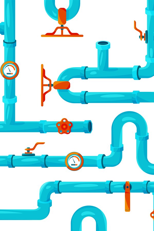 Water pipeline system installation. Vector background pictur