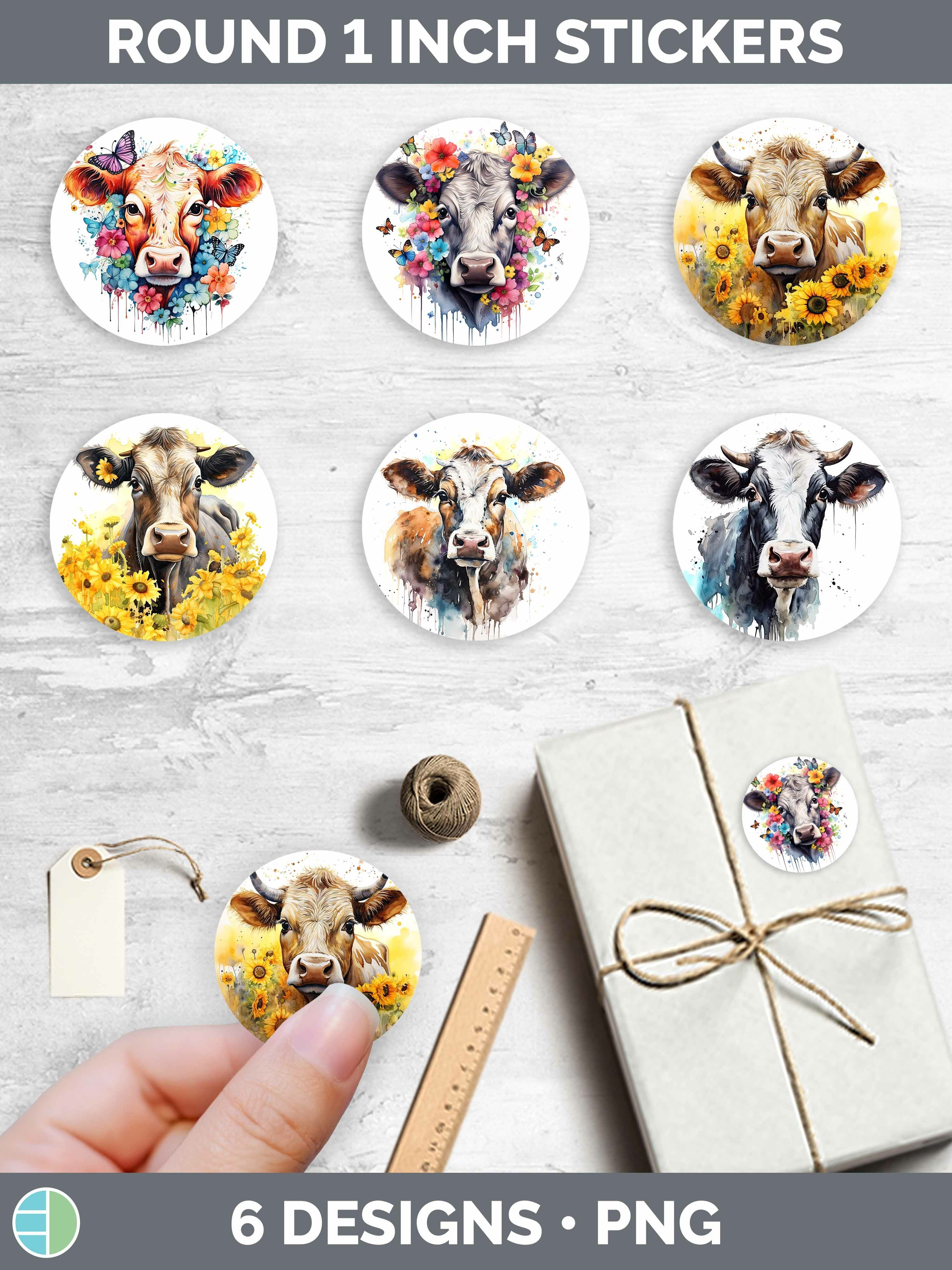 Watercolor Cow Stickers | Round Labels Bundle