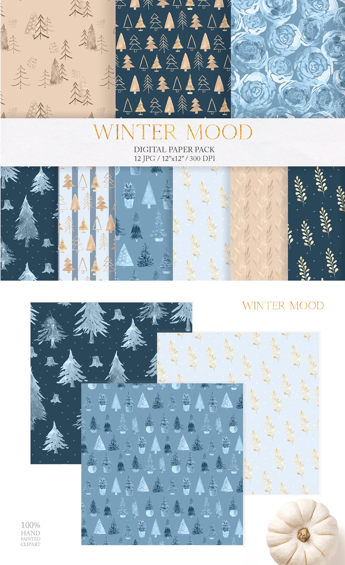 Watercolor Blue Winter Digital Paper Pack