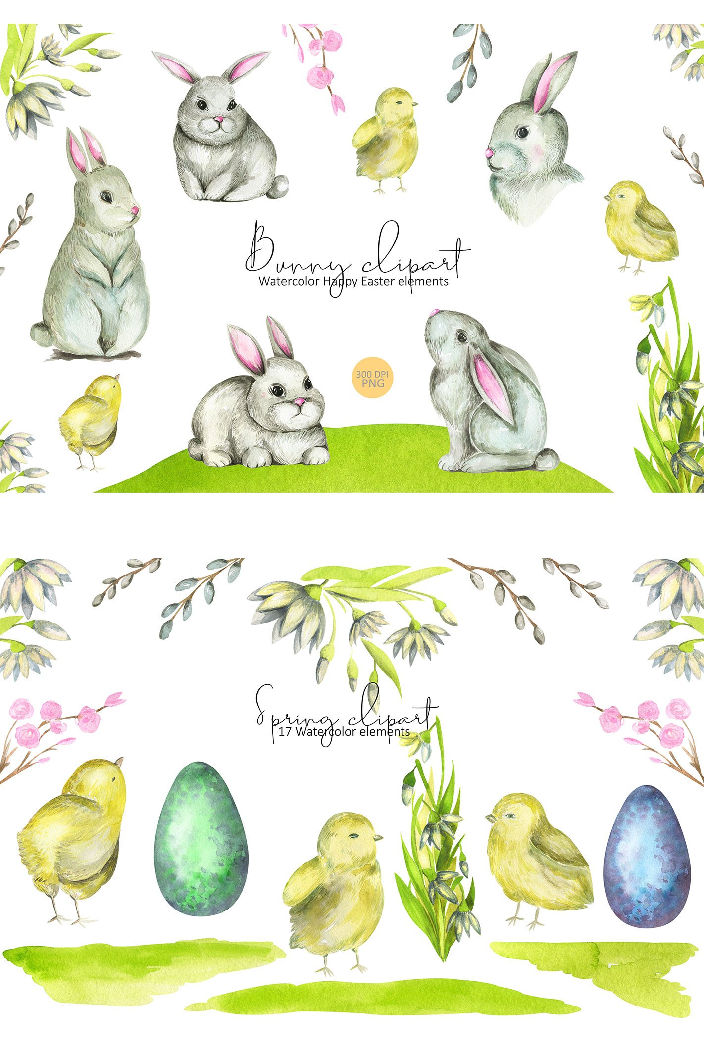 Watercolor Easter Bunny clipart. Easter bundle PNG