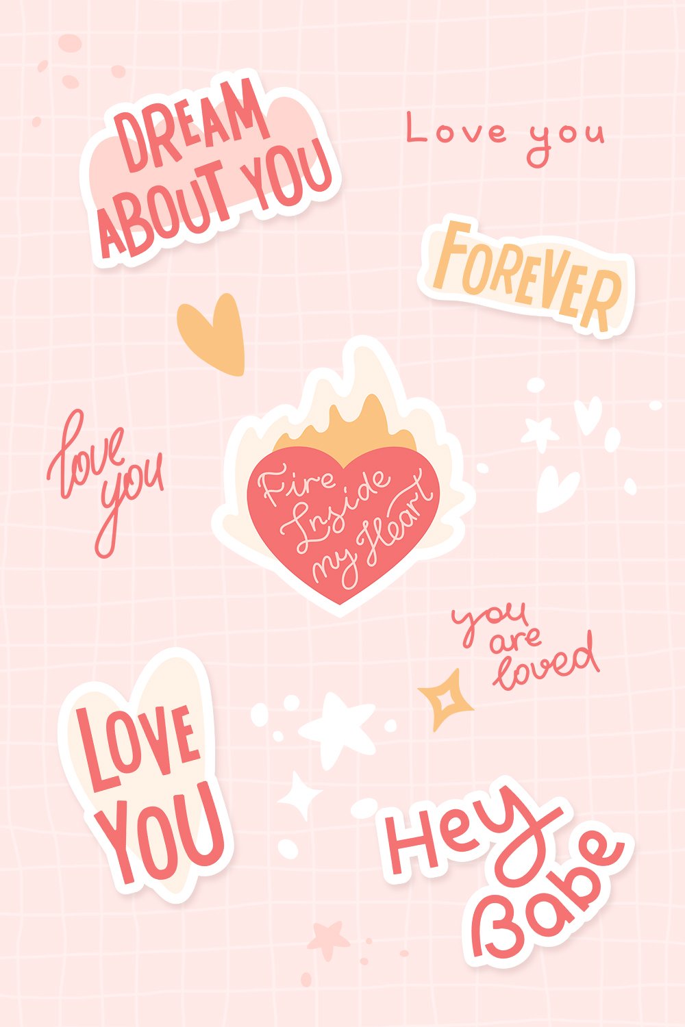 Love stickers. Romantic quotes, messages, lettering.