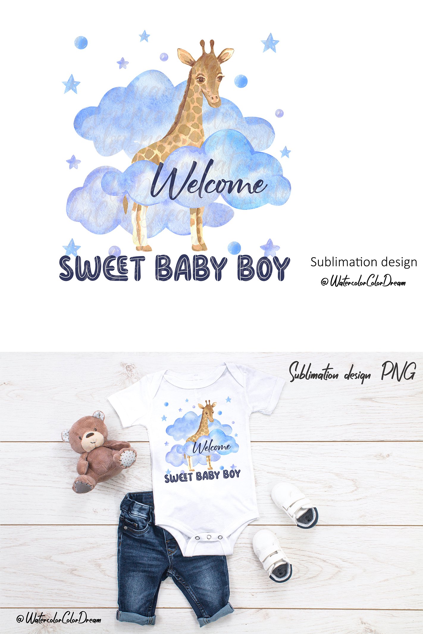 Welcome Sweet Baby Boy sublimation. Baby Giraffe design