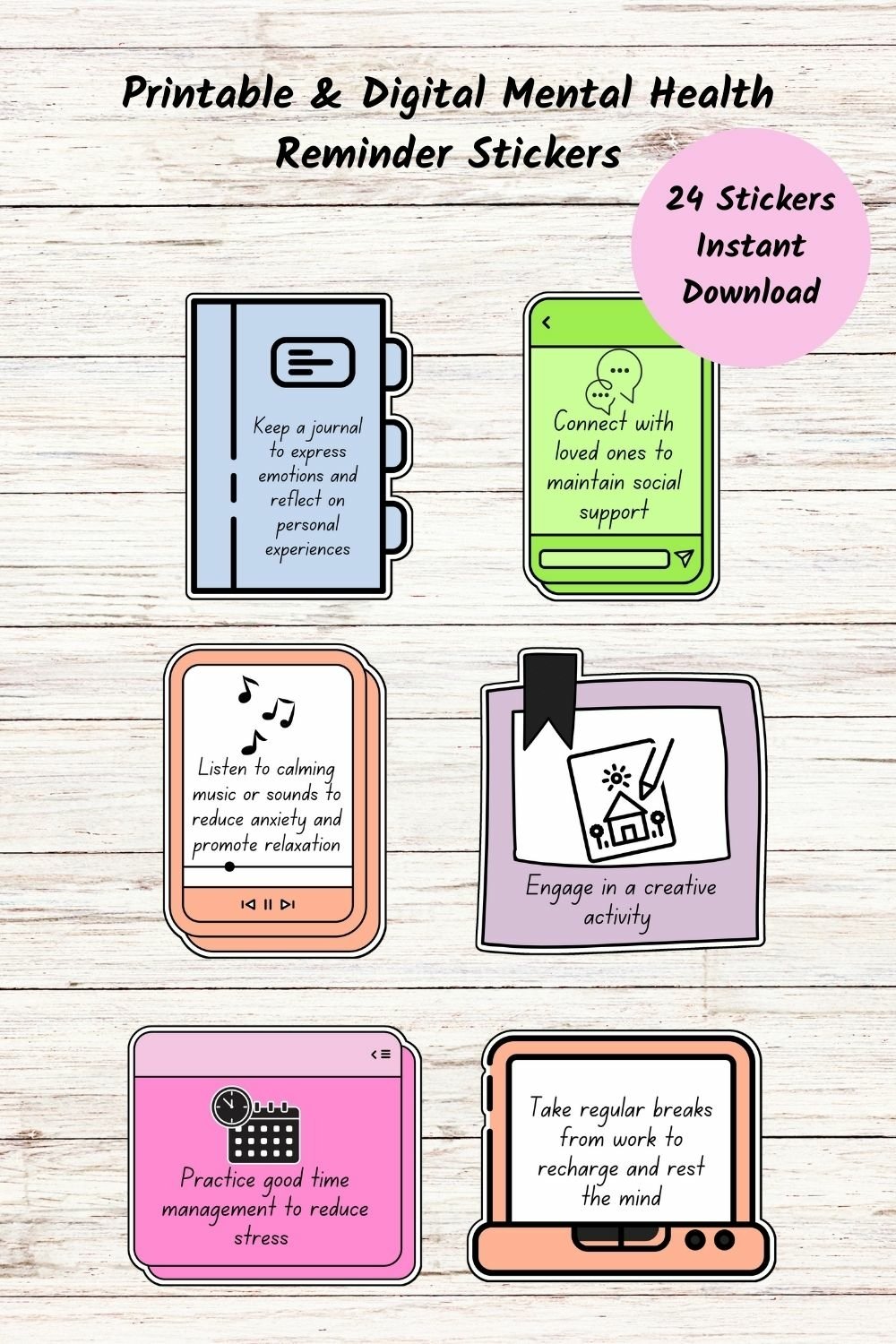 24 Printable And Digital Mental Health Reminder Stickers