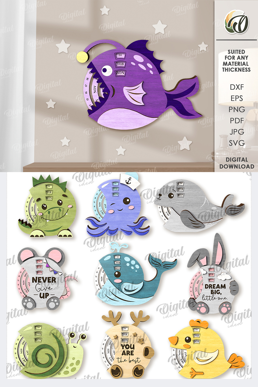 3D Animals perpetual calendar Bundle Lasercut. Kids SVG