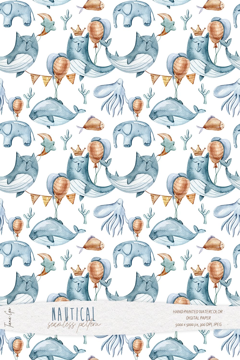 Watercolor nautical seamless patterns. Digital paper pack