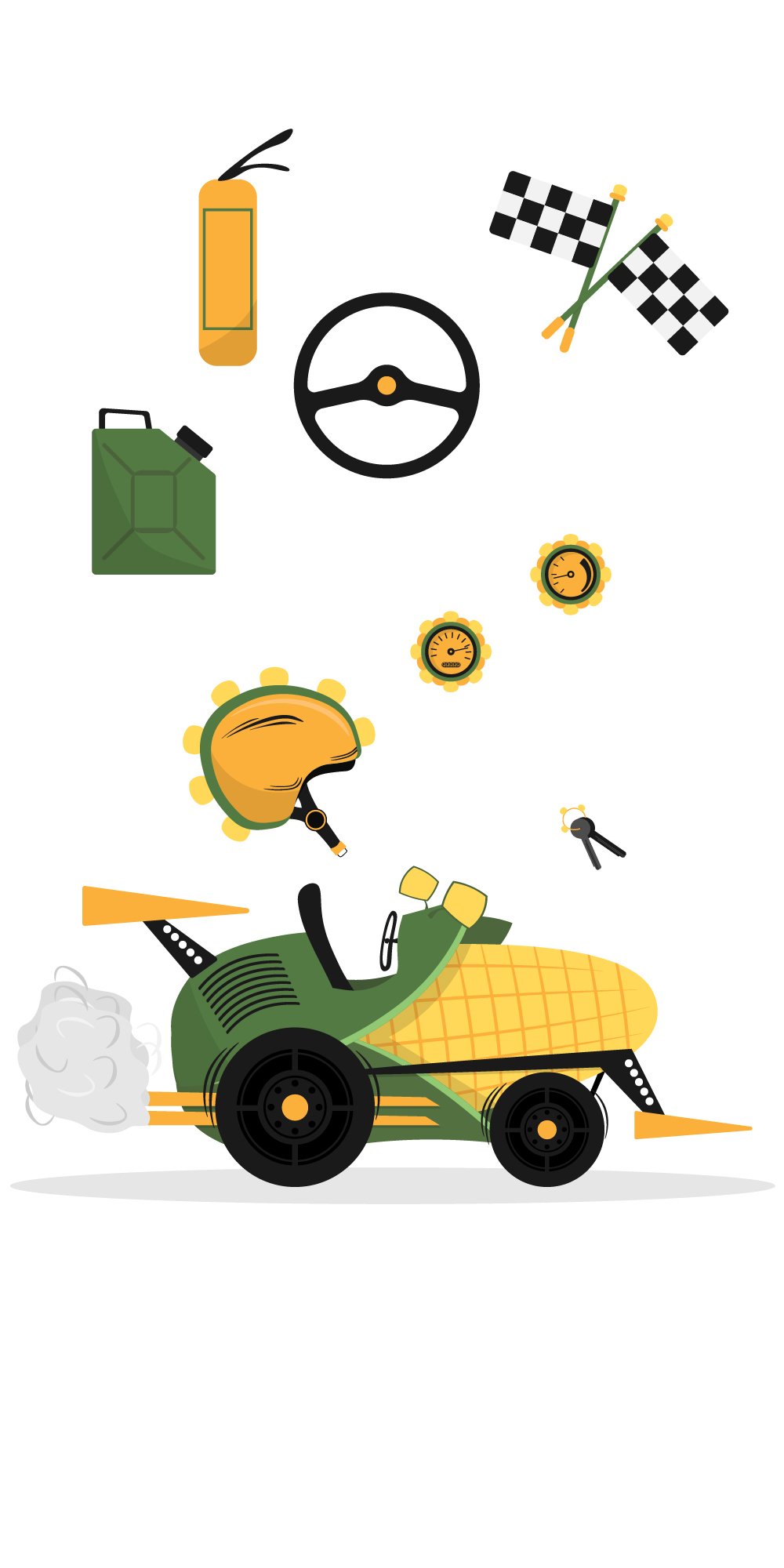 Corn car or truck with stylized racing car accessories