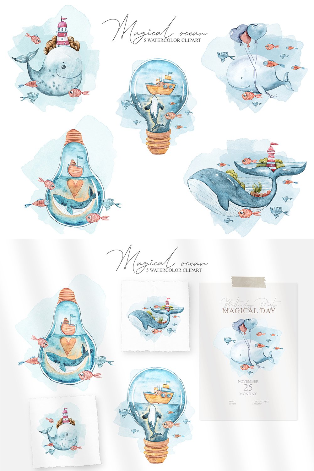 Watercolor nautical whale sublimation- png files