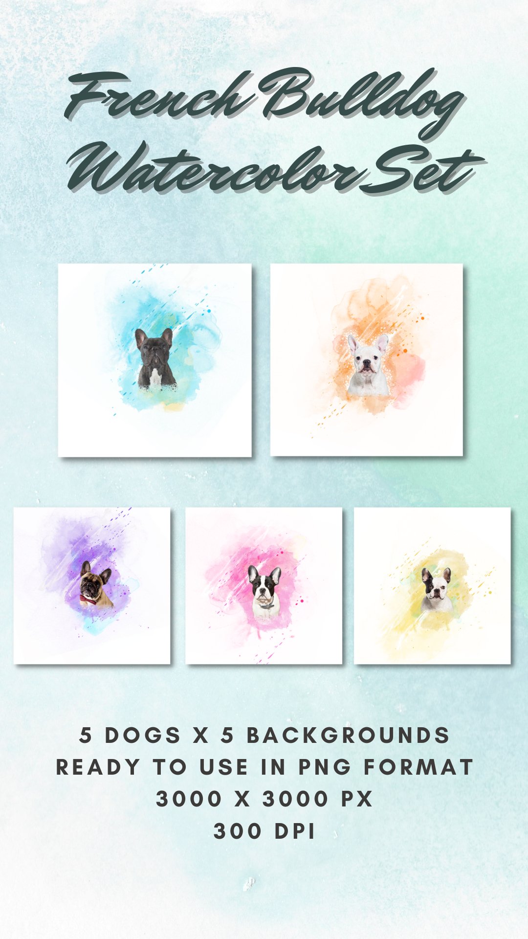 25 French Bulldogs Portraits Watercolor Set | Dog Breeds Art