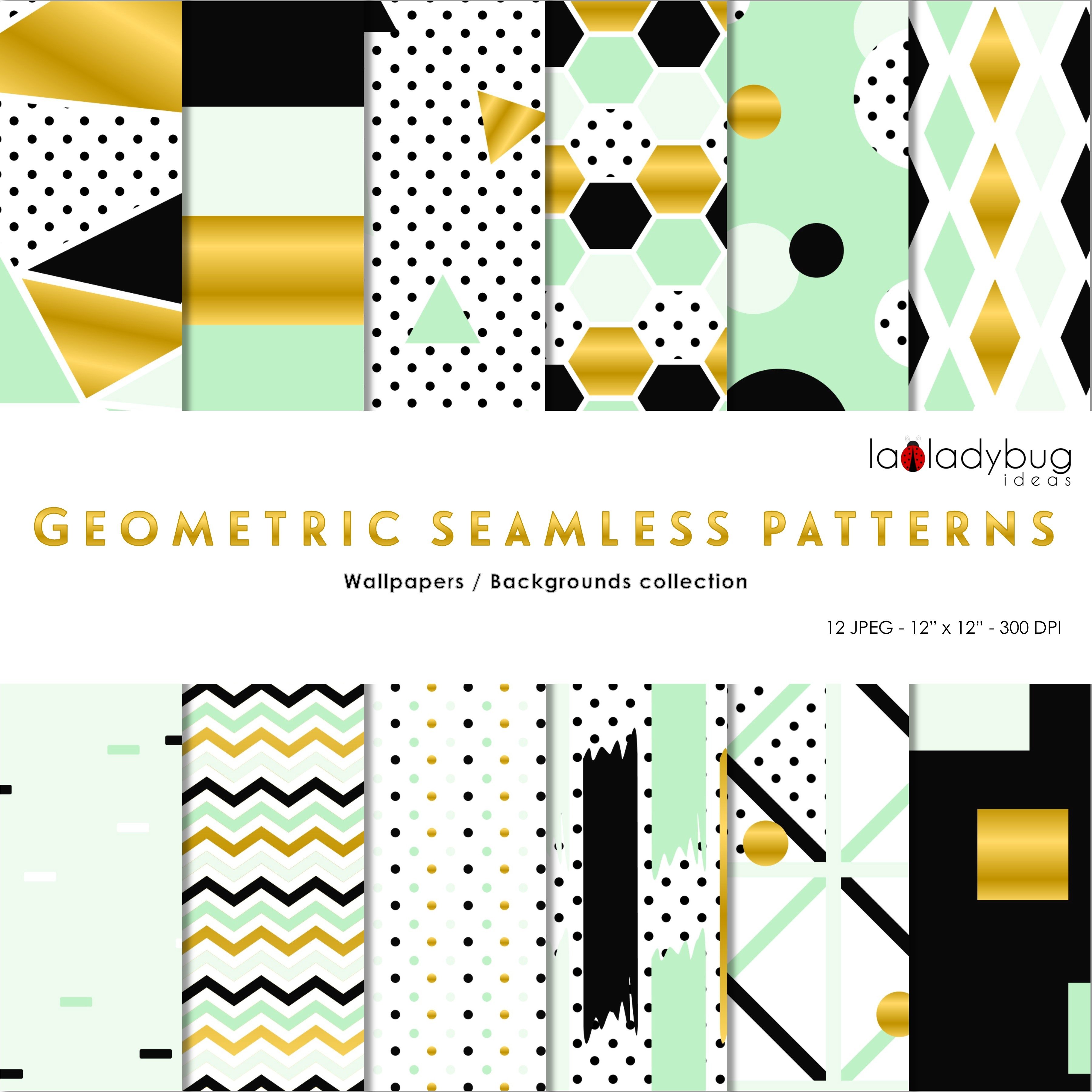 Golden, black, mint green geometric seamless digital papers
