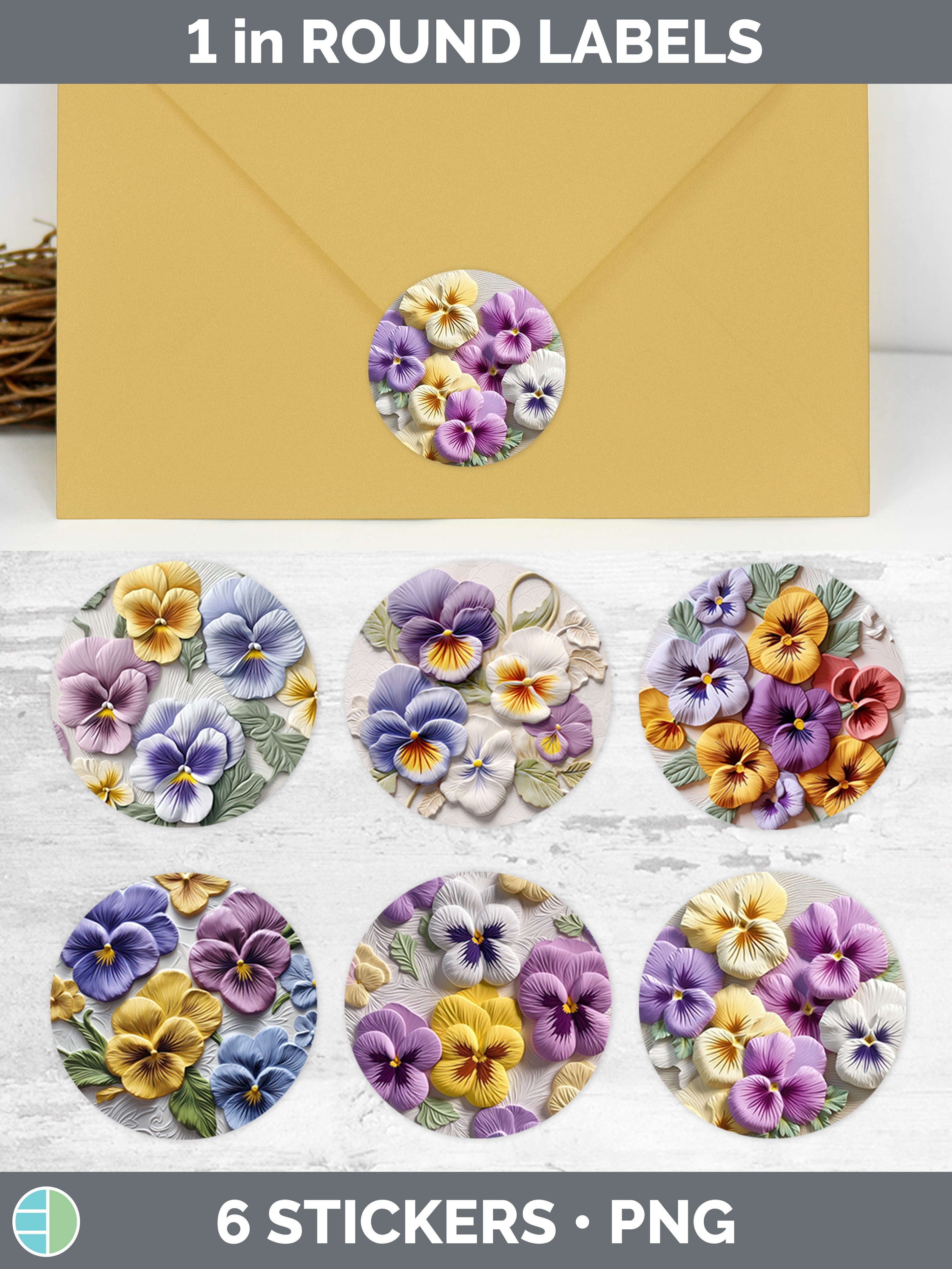 3D Pansy Flowers Stickers | Round Labels Designs Bundle