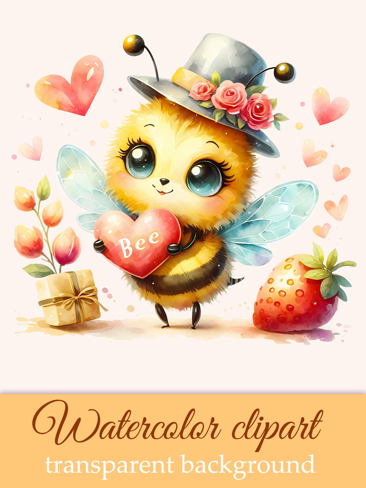 Watercolor Spring Bee Clipart, Bee watercolor painting, PNG,