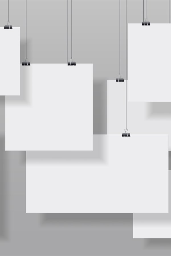 Gallery with hanging vertical posters and photos display tem