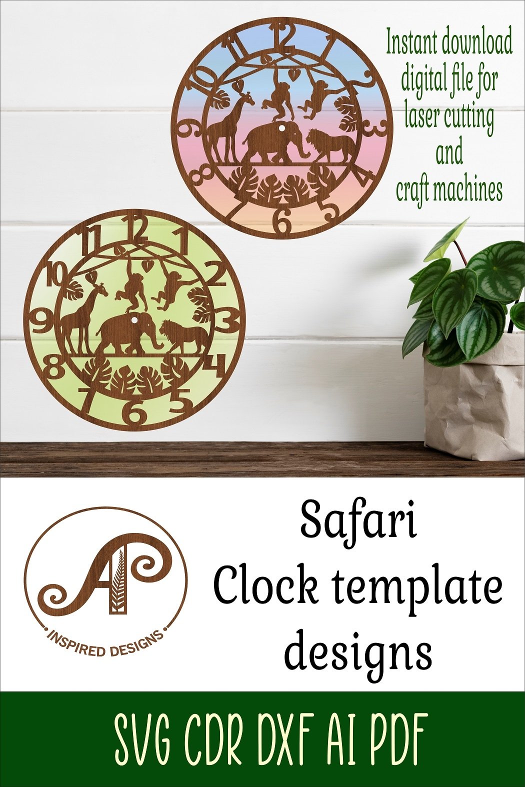 Safari animal wall clock laser cut files, SVG file. vector