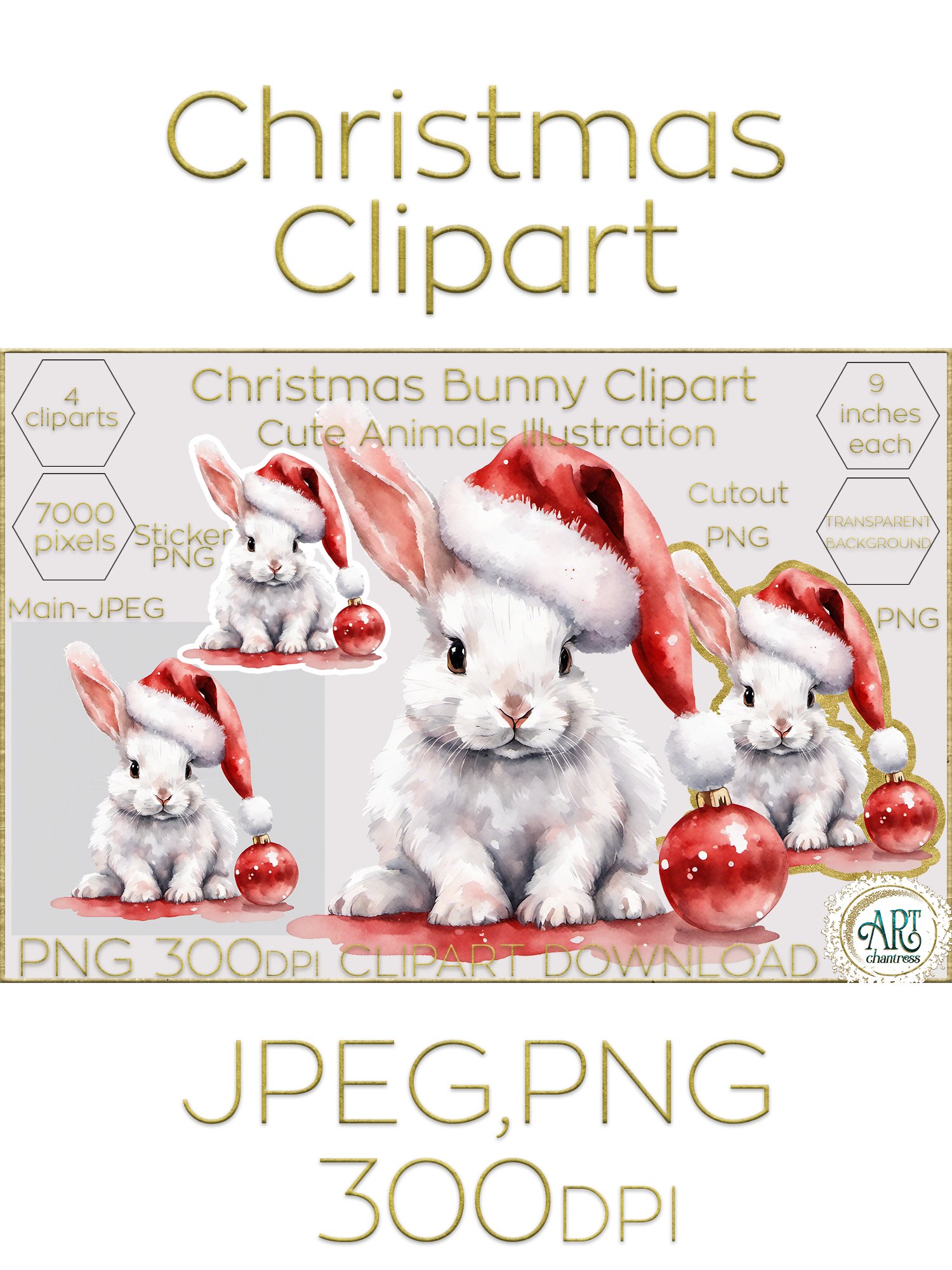Sweet Christmas Bunny Clipart Watercolor Xmas (3016916)