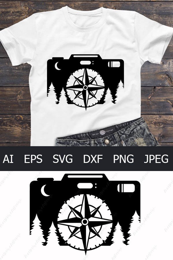 Camera and compass svg, Camping shirt svg, Travel dxf