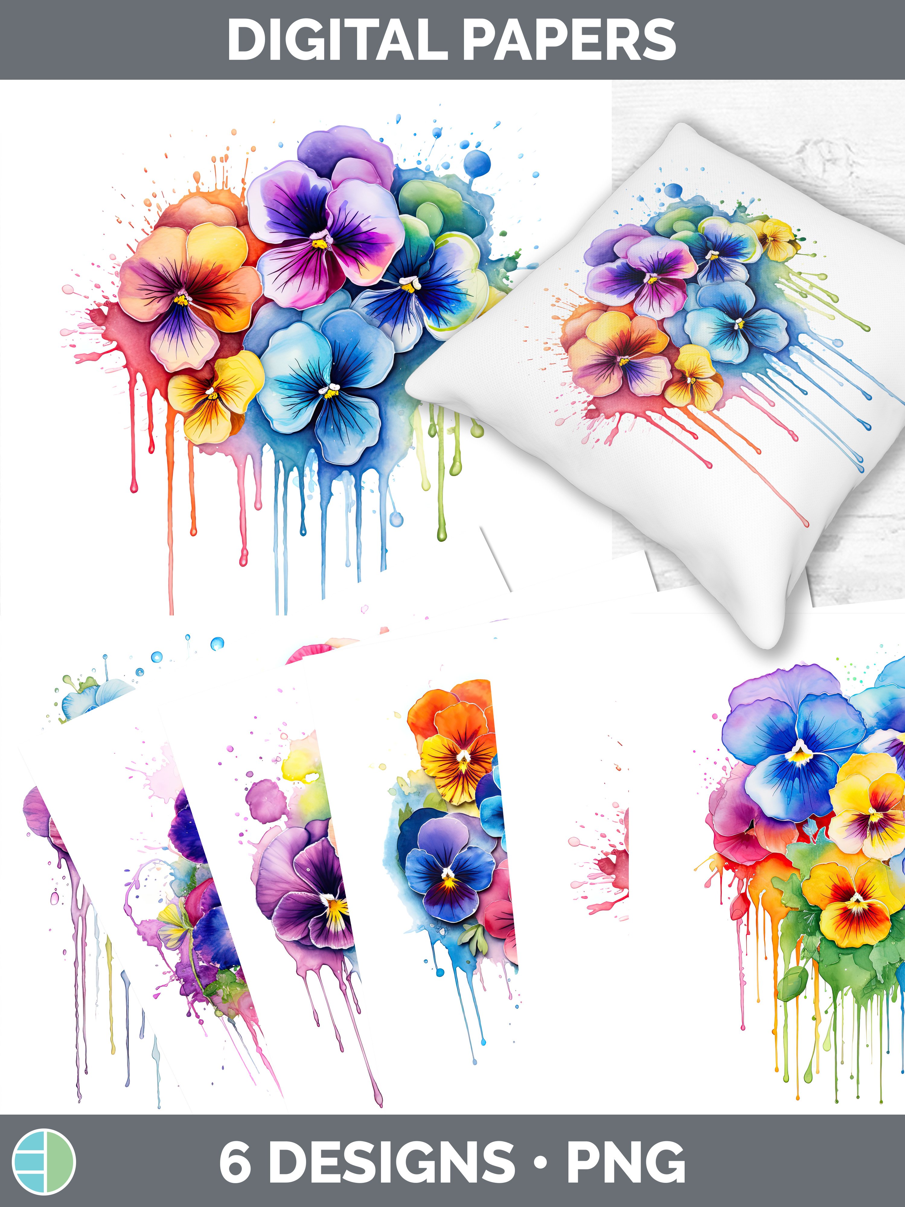Splat Rainbow Pansy Flowers Paper Backgrounds | Digital Scra