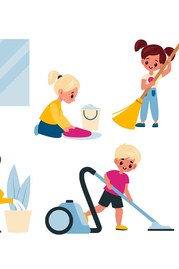 Kids cleaning home. Children housework activity. Girls and b