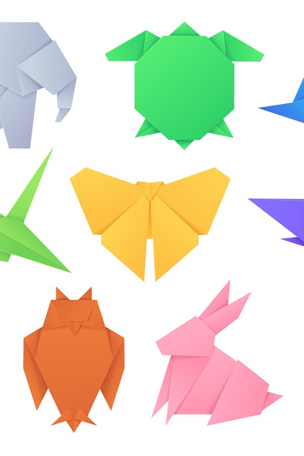 Paper animals. Japanese origami folded toys birds, fox, butt